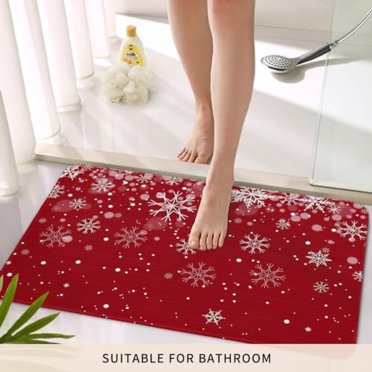 Christmas Bath Rugs White Snowflake Sponge Doormat Absorbent Non Slip Backing Durable Soft Flannel Mat Red Christmas Memory Foam Mats Carpet for Bathroom Kitchen, 18 x 30 inch
