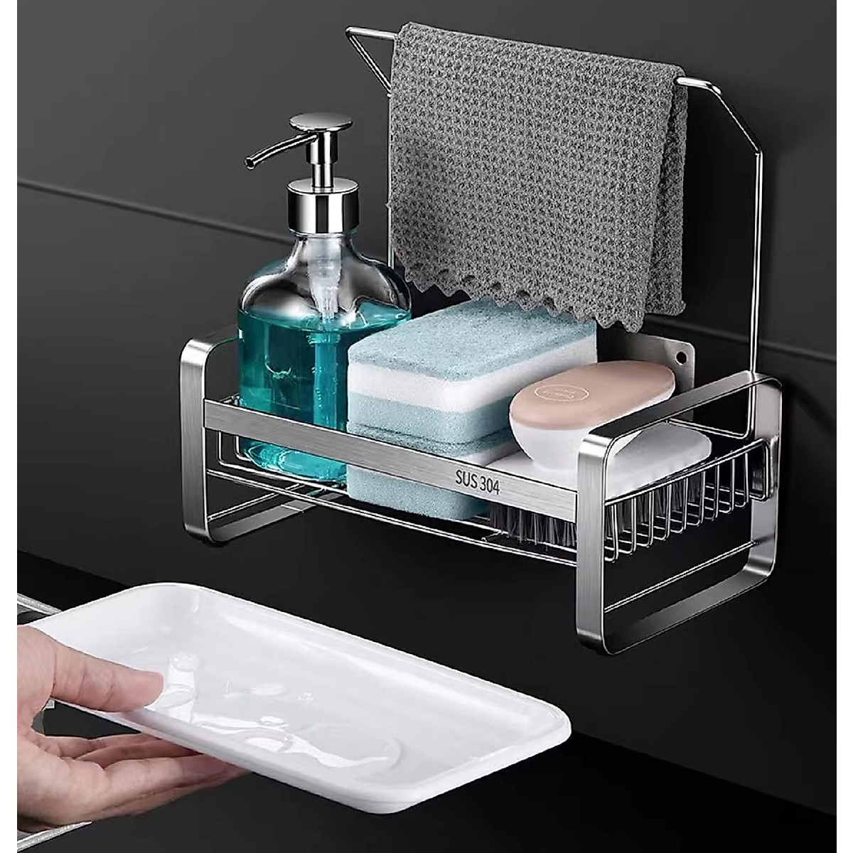 NILICAN Rag Rack Drain Rack Tableware Kitchen Sponge Rack Sink Caddy Cleaning Brush with Drain Pan Stainless Steel 304