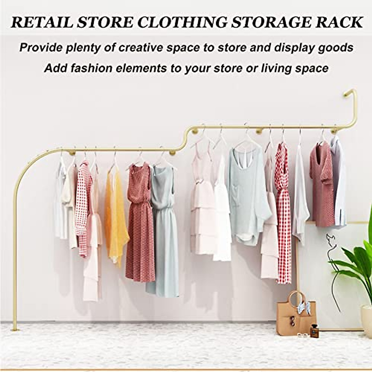 Clothing Store Clothes Rack Creative Display Stand, Commercial Retail Clothing Hanging Rod Garment Storage Hanger, Home Cloakroom Metal Clothes Shelf Closet System, Gold Pipe Clothes Rack Garment Ba