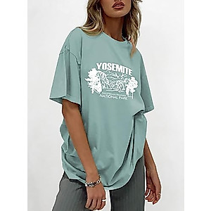 CSDAJIO Women's Graphic Oversized Tee Mountain Letter Print National Park Shirt Vintage Half Sleeve Loose Casual T Shirts Yosemi LightGreen Large
