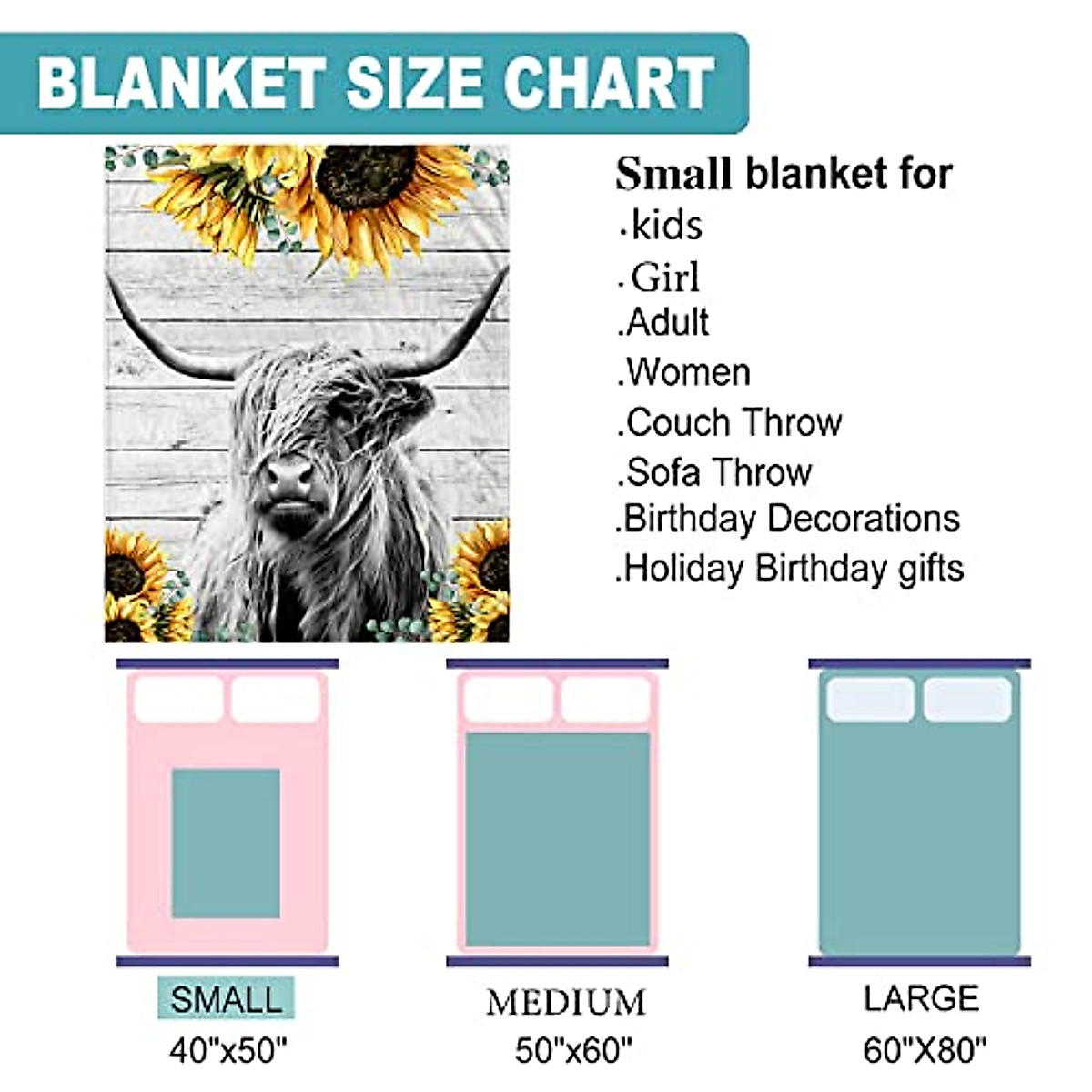 Highland Cow Blanket Super Soft Flannel Sunflower Cow Throw Blanket Warm Lightweight Blanket for Adults Kids Gifts 50"X40"