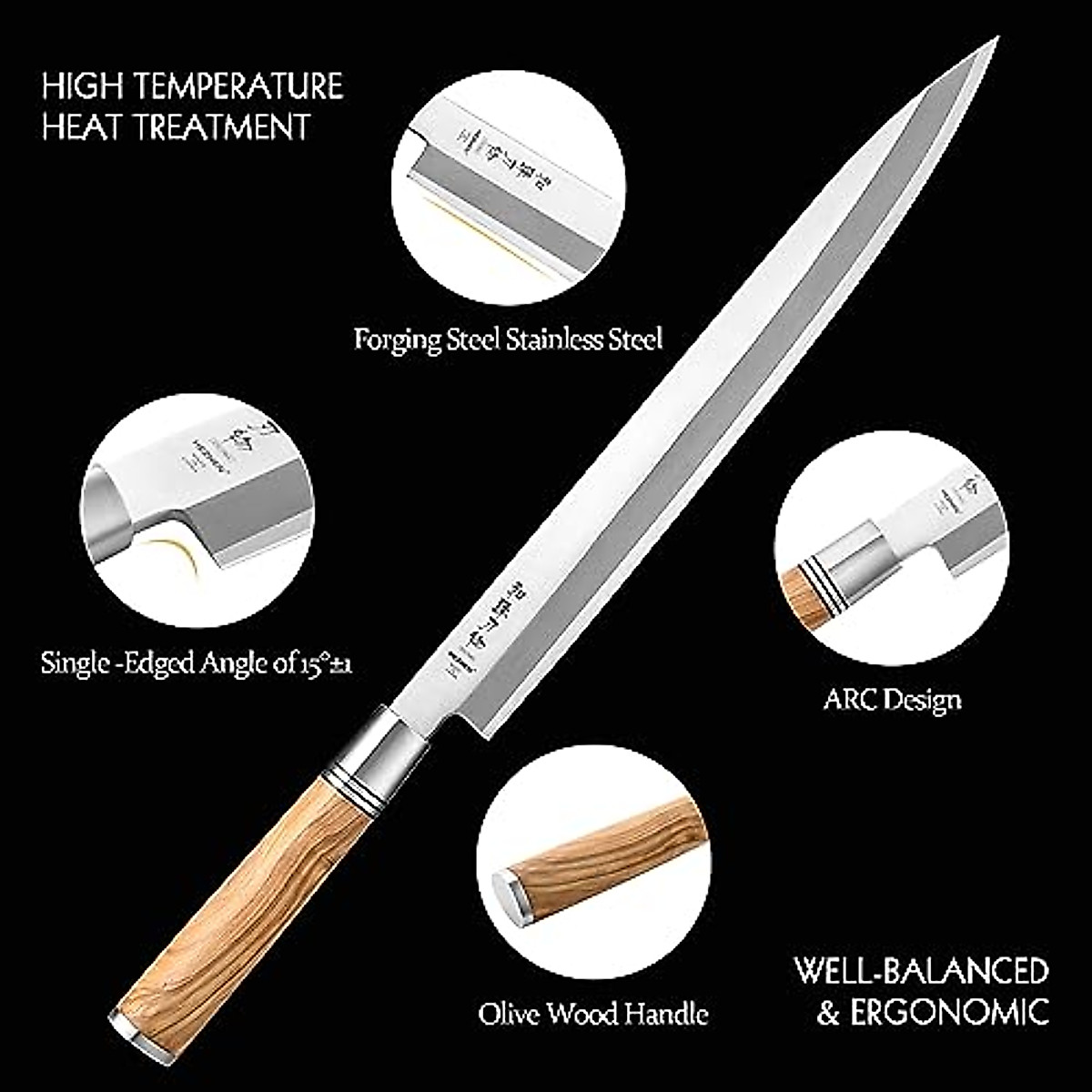 HEZHEN 300mm Sashimi Knife,Forged Steel Sushi Yanagiba Knife, Sushi Slicing, Wooden Handle Knife Case