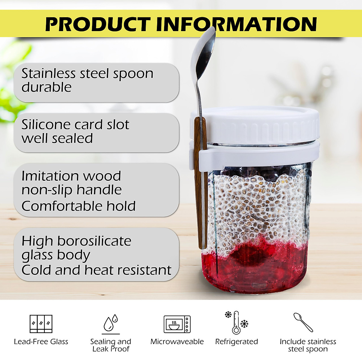 CJWM - 2 Pack 10 Oz Overnight Oats Containers with Lids and Spoon Glass Meal Prep Containers Oats Yogurt and Granola Container To Go Jars Oatmeal Container Leak-Proof