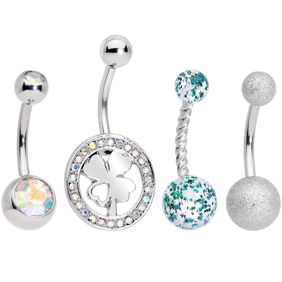 Body Candy 4PC Shamrock Variety Bonus Pack Stainless Steel Belly Button Rings 14G Navel Piercing