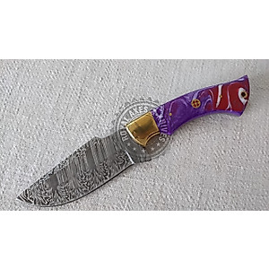 NA-1 Royal Knife Custom Hand Made Damascus Steel Bowie Knife With Multi Purple Resin Handle Material Hand Made Fixed Blade Survival Knife With Leather Sheath (R K 002)