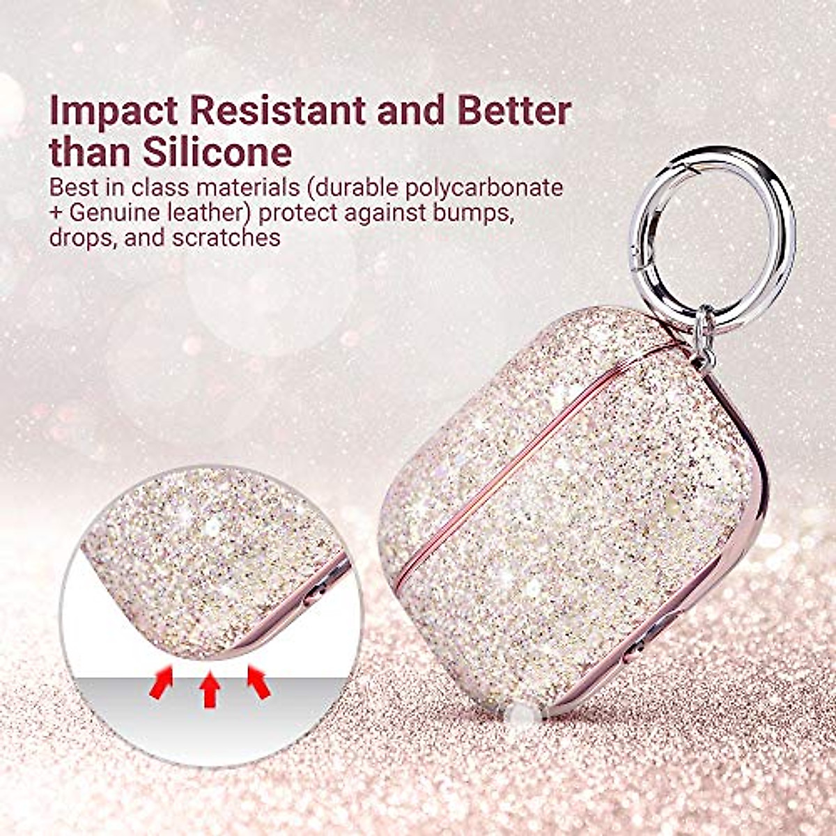 ULAK Compatible with AirPods Pro Case, Glitter AirPods Pro 1st Generation Case for Women Girls Bling Sparkle Leather Shockproof Protective iPods Pro Cover with Keychain for AirPod Pro 2019, Pink