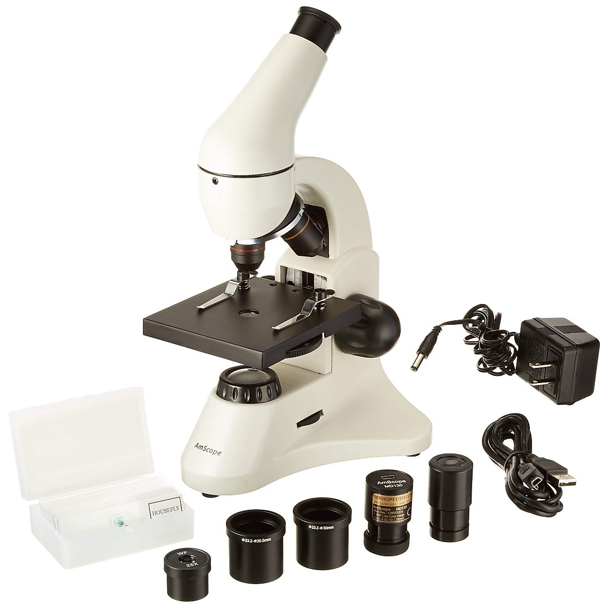 AmScope M120C-2L-PB10-E1 Digital Compound Monocular Microscope, WF10x and WF25x Eyepieces, 40x-1000x Magnification, Brightfield, Upper and Lower LED Illumination, Plain Stage, Includes Blank and Prepared Slides, 1.3MP Camera and Software