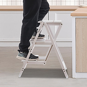 BANLICALI Chair Ladder, 3-Step Ladder Folding Step Stool Ladder Chair, White Pinewood Kitchen Step Stool Counter Chair for Kitchen, Bedroom, Living Room, Warehouse Load 100kg/ 220.46 lbs