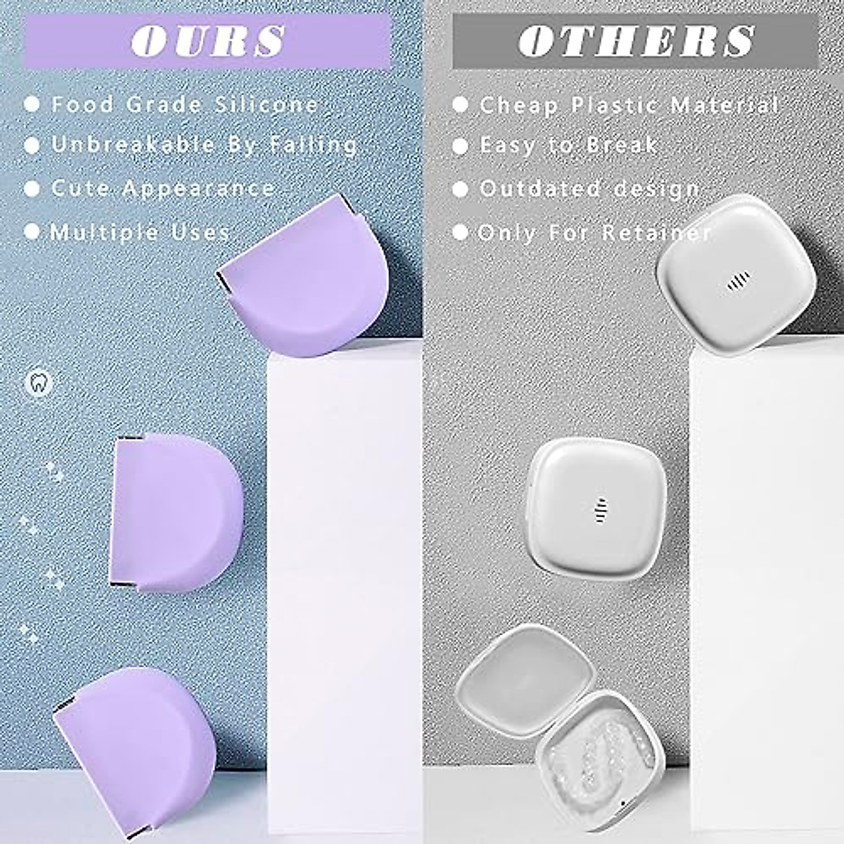 ChezMax Retainer Case 2 Pcs, Silicone Mouth Guard Case with Vent Hoels, Cute Denture Container Braces Holder for Women Kids Men, Portable Travel Aligner Cleaner Case for Invisalign Accessories(Purple)