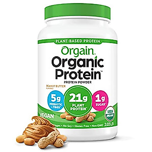 Orgain Organic Vegan Protein Powder, Peanut Butter - 21g of Plant Based Protein, Low Net Carbs, Non Dairy, Gluten/ Lactose Free, No Sugar Added, Soy Free, Kosher, Non-GMO, 2.03 Pound
