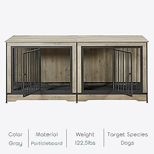 DOSSMBOLA 75'' Large Dog Crate Furniture for Large Dog or 2 Medium Dogs, Wooden Dog Kennel Dog Crate with Pull Out Tray and Removable Divider, TV Stand XXL Dog Cage - Gray