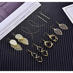 FUNEIA 6 Pairs Drop Dangle Earrings for Women Long Bar Double Twist Wave Curved Threader Cut Out Leaf Lightweight Earrings Set