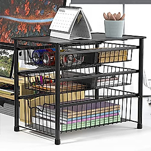 Simple Houseware 3-Tier Stackable Sliding Basket Storage Organizer Drawer for Bathroom and Kitchen, Black