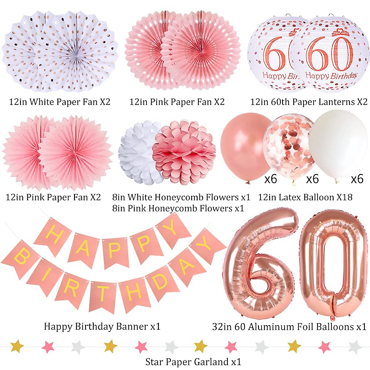 60th Birthday Decorations, 60th Birthday Decorations for Women, Happy Birthday Banner 60th Paper Lanterns Number 60 Foil Balloon Party Paper Fan Rose Gold Latex Balloons for 60th Anniversary