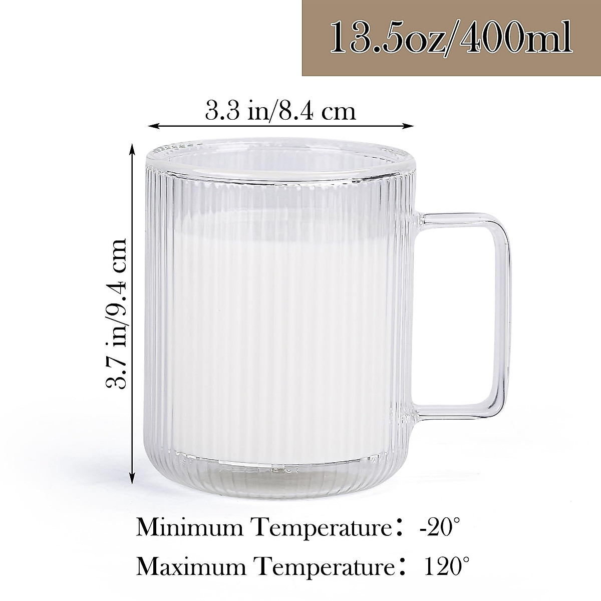 Schliersee Double Walled Glass Coffee Mug, 13.5 OZ Clear Ribbed Glassware Embossed Glass Cups with Handle for Cappuccino, Latte, Cereal, Yogurt, Beer, Milk, Hot or Cold Beverages Cup