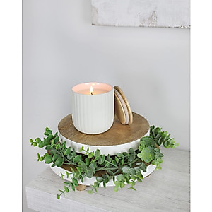 AuldHome Design Farmhouse Round Wooden Risers (Set of 2, White Trim), Rustic Decorative Risers for Display w/ Natural Mango Wood and Enamel Trim