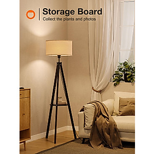 addlon Tripod Floor lamp with Remote, Floor Lamps for Living Room, Standing Wood lamp with Shelf, mid Century lamp with LED Bulb for Bedroom, Office (Stepless Brightness, Multiple CCT)- Black