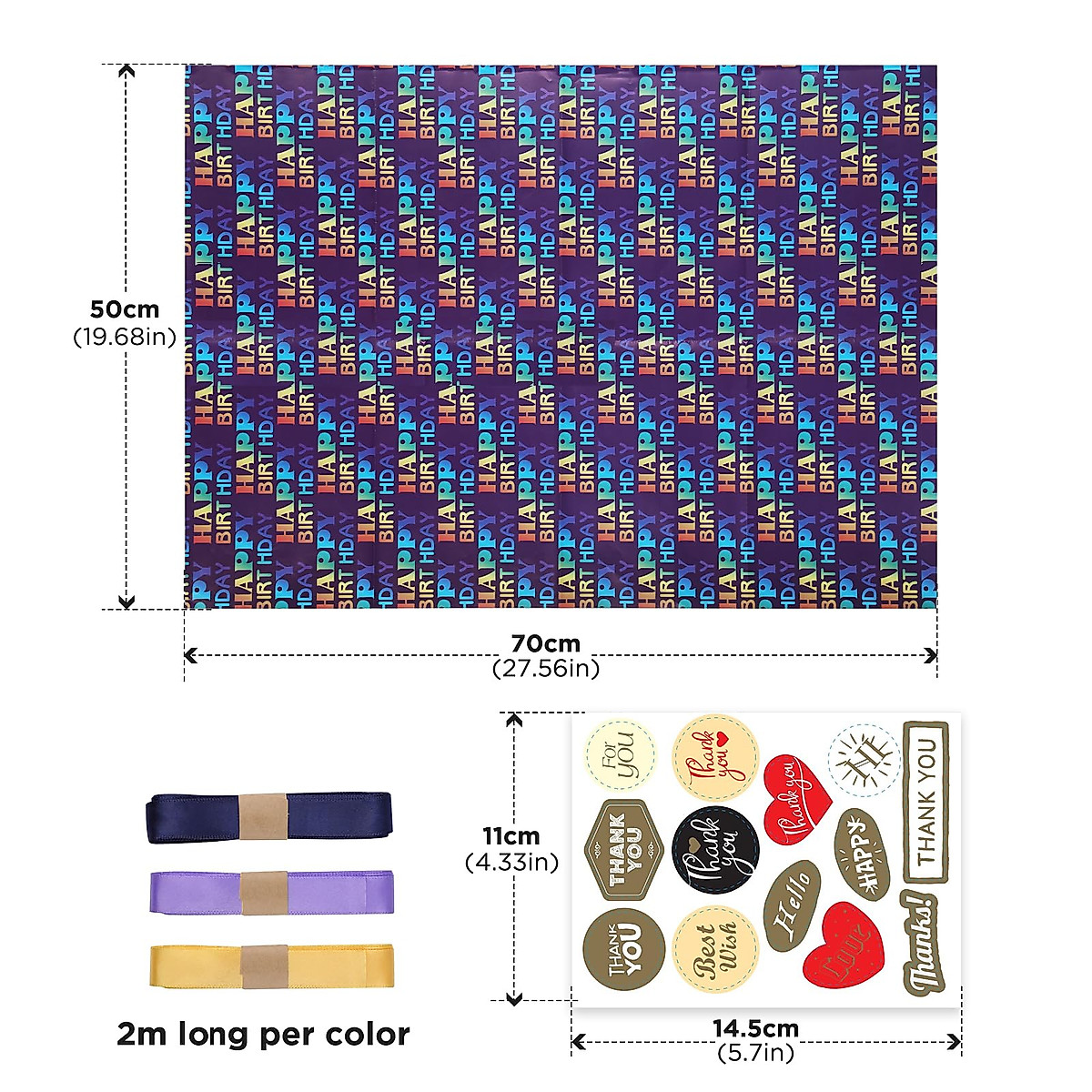 Bigqin 6PCS Kids Birthday Wrapping Paper Recycled Happy Birthday 70 * 50cm Gift Paper for Boys Girls Women Men Christmas Birthday Holiday Celebration Present Box, with Rope and Tape