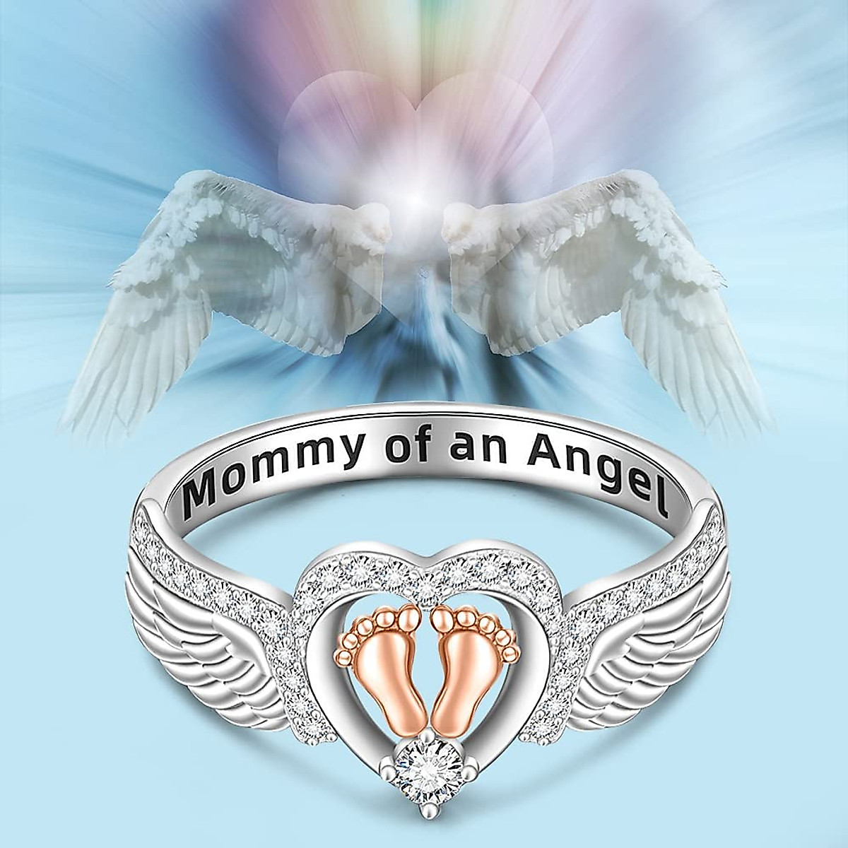 Angel Wing Ring for Women Mothers Sterling Silver Mommy of An Angel Rings Remembrance Footprint Band Memorial Keepsake Jewelry Size 8