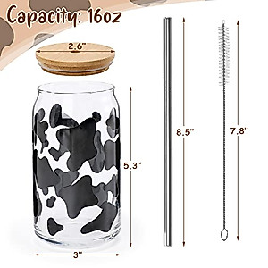 Nefelibata Cow Print Beer Can Glass with Bamboo Lid Metal Straw and Cleaning Brush 16oz Iced Coffee Cup Tumbler Glass Tea Milk Soda Cute Animal Mug Gifts for Cow Lovers Kitchen Bar Summer