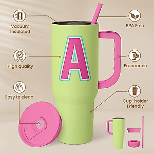 SANDJEST Monogrammed Tumbler with Handle 40oz, Letter A Tumblers Coffee Travel Cup with Straw, Personalized Monogram Initial Gifts for Women Girls, Customized Gifts for Christmas Birthday Mothers Day