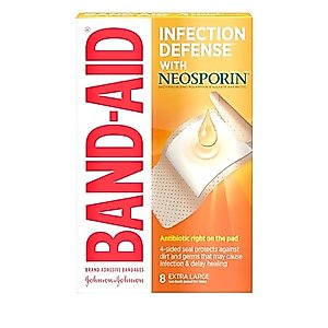 Band-Aid Brand Adhesive Bandages Infection Defense with Neosporin Antibiotic Ointment, for Wound Care and First Aid, Extra Large, 8 ct