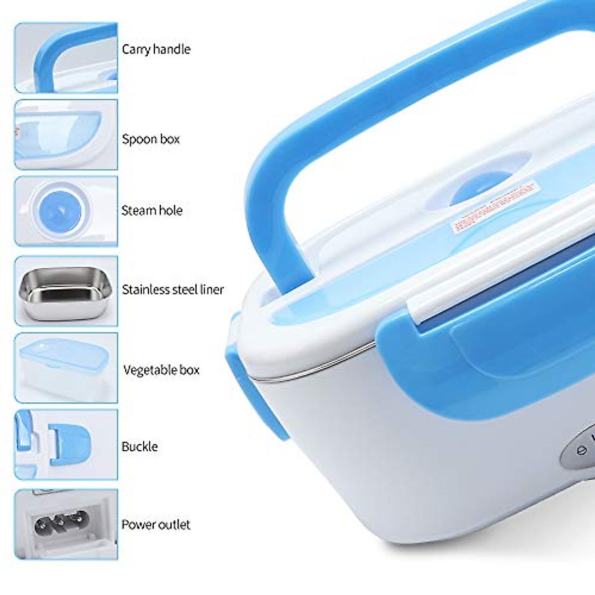 VECH Car Electric Heating Lunch Box 110V & 12V 40W 2 in1 Home Electric Thermal Lunch Box Food Heater Warmer, Stainless Steel Food Heater 1.5L for Heat Preservation, Office, School, Traveling (Blue)