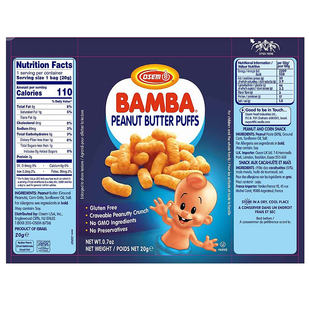 Osem Bamba Peanut Snacks for Families - All Natural Peanut Puffs Family Pack (Pack of 8 x 0.7oz Bags) - Peanut Butter Puffs made with 50% peanuts.