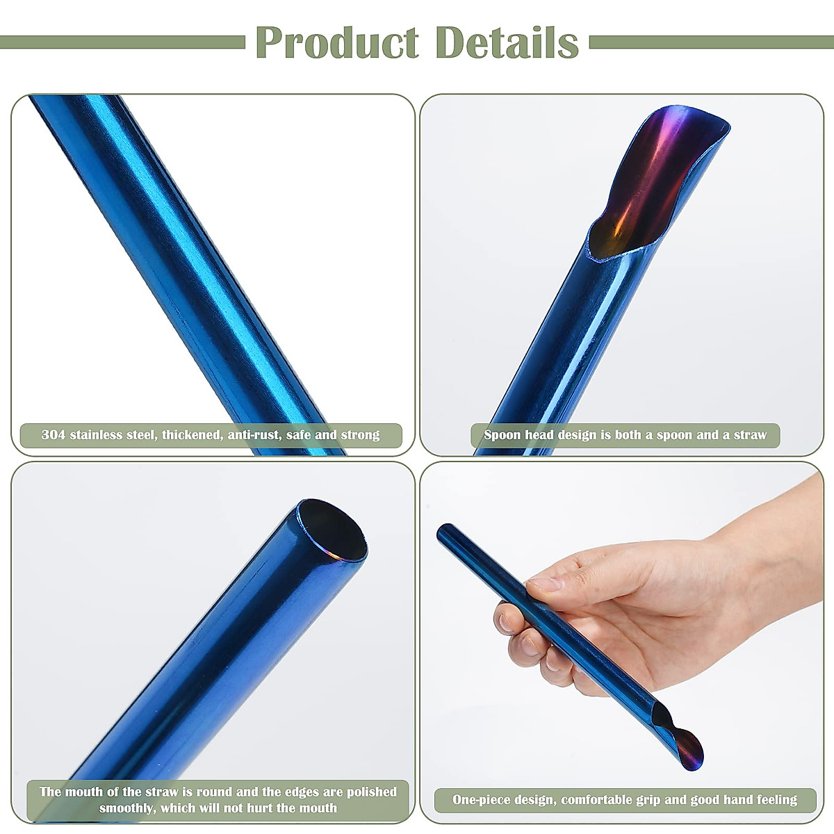 EORTA 7 Pcs/Set Drinking Spoon Straws Stainless Steel Two-In-One Reusable Stirring Spoon Wide Opening 0.4 inch Smoothie Straws Kitchen Utensil for Juice Soups Milkshake Smoothies Ice Cream, 7 Colors