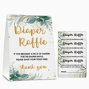 Diaper Raffle Baby Shower Game Set(1 Standing Sign + 50 Guessing Cards), Greenery Diaper Raffle Tickets for Baby Shower, Gold Foil Baby Shower Party Favor Decor - A05