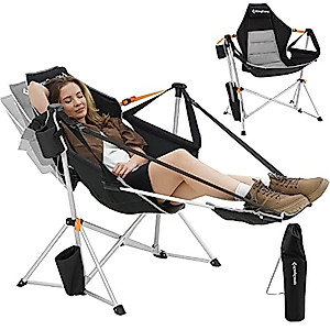 KingCamp Hammock Camping Chair, Aluminum Alloy Adjustable Back Swing Chair Hold Up to 300lbs, Folding Rocking Chair with Removable Footrest Pillow Cup Holder for Adults Outdoor Travel Beach Lawn