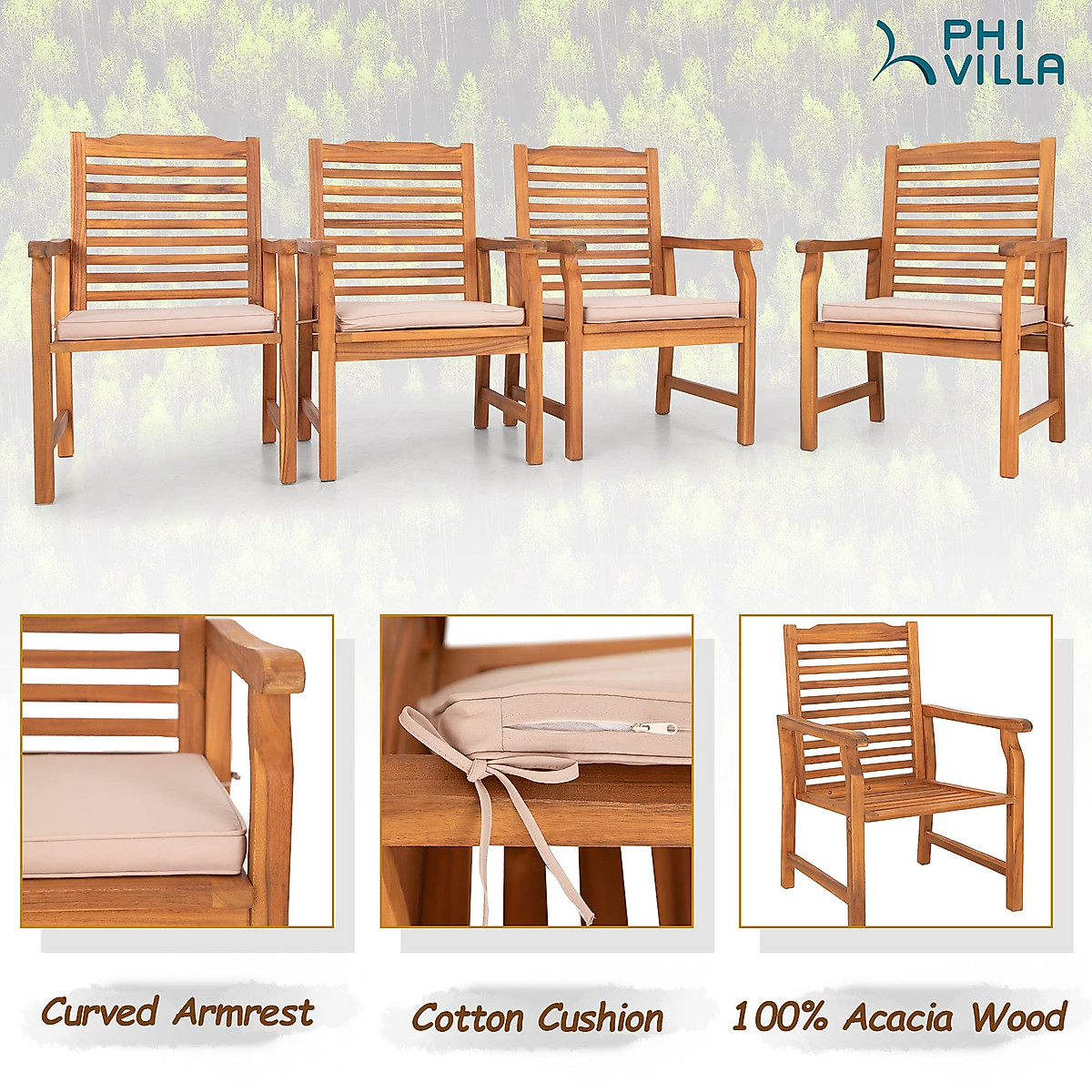 PHI VILLA 9 Pieces Acacia Wood Patio Dining Set for 8, Expandable Teak Dining Table & Wooden Chairs with Cushions, Farmhouse Dining Furniture Set for Outdoor Deck, Yard, Porch