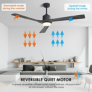 WINGBO 64" DC Ceiling Fan with Lights, 3 Reversible Solid Wood Blades, 6-Speed Noiseless DC Motor, Matte Black Finish Ceiling Fan with Remote, Gray