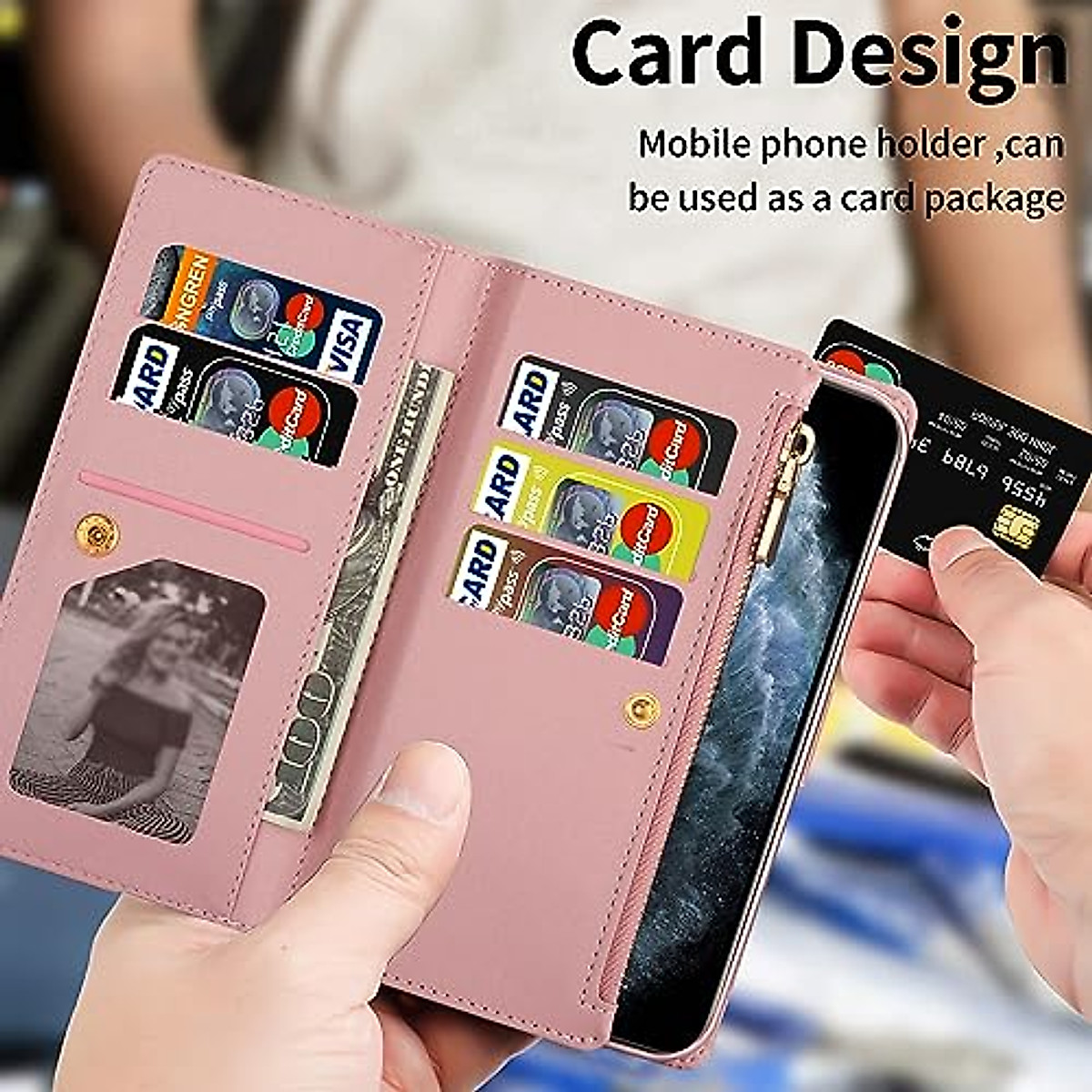 lefeda Wallet Case for Samsung Galaxy Z Fold 5, Sparkle Glitter PU Leather Phone Cover with Zipper Purse Card Slot and Wrist Strap Case for Women Girls,Gold