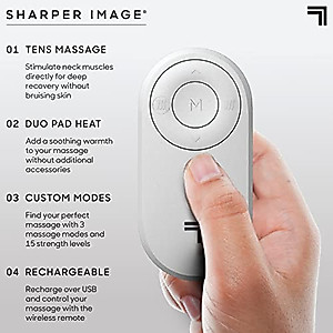 Sharper Image Neck Tens Muscle Stimulator with Soothing Heat & Wireless Remote, Pain Relief Therapy with 3 Massage Modes & 15 Intensity Levels, USB Rechargeable, 4 Hour Battery Life