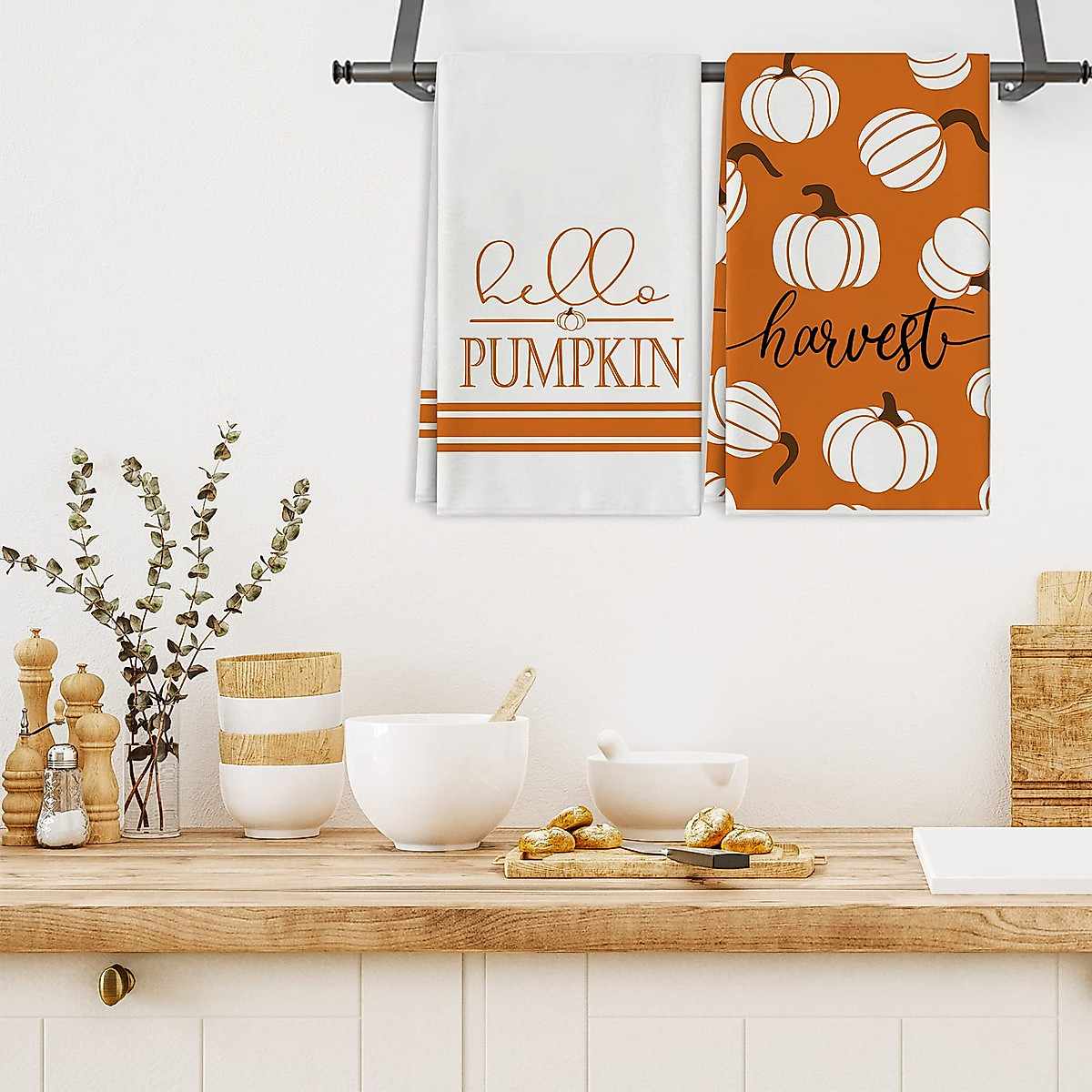 AnyDesign Fall Kitchen Dish Towel 18 x 28 Inch Pumpkin Maple Leaves Harvest Tea Towel Autumn Orange White Dishcloth Rustic Farmhouse Hand Drying Cloth Towel for Holiday Kitchen Cooking Baking, 4 Pack
