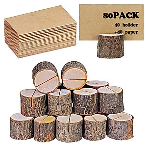 whatUneed 40 Sets Place Card Holders, Rustic Real Wood with Wooden Bark Table Card Holder, Number Photo Stand Place Name Memo Card Holder for Wedding Party (40 Holders+40 Kraft Place)