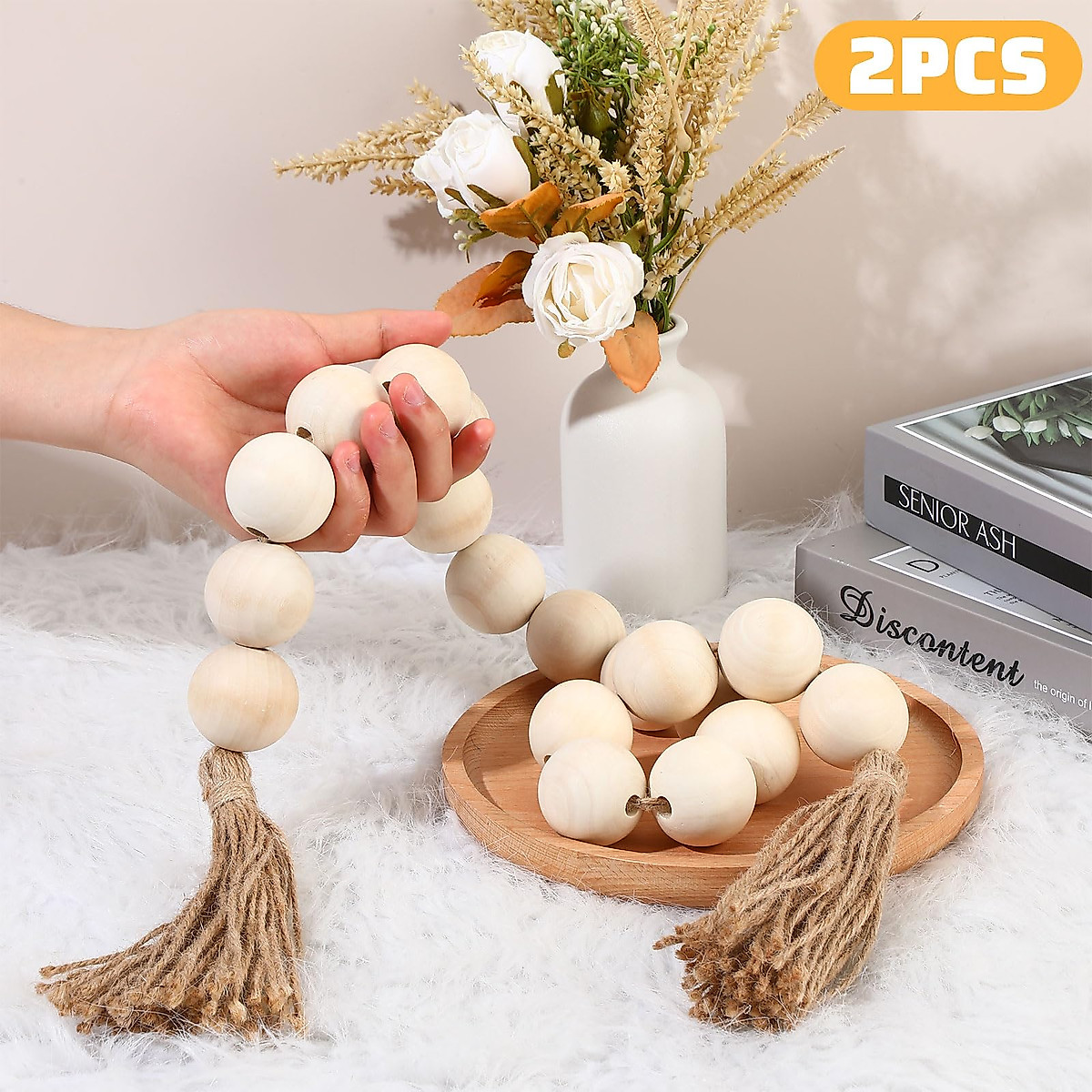 2 Pcs Large Wood Bead Garland with 1.57" Diameter Wood Beads and Tassel, Decorative Beads Boho Home Decor 40'' Long Oversized Wooden Beads Garland Table Decoration for Tiered Tray Wall (White)