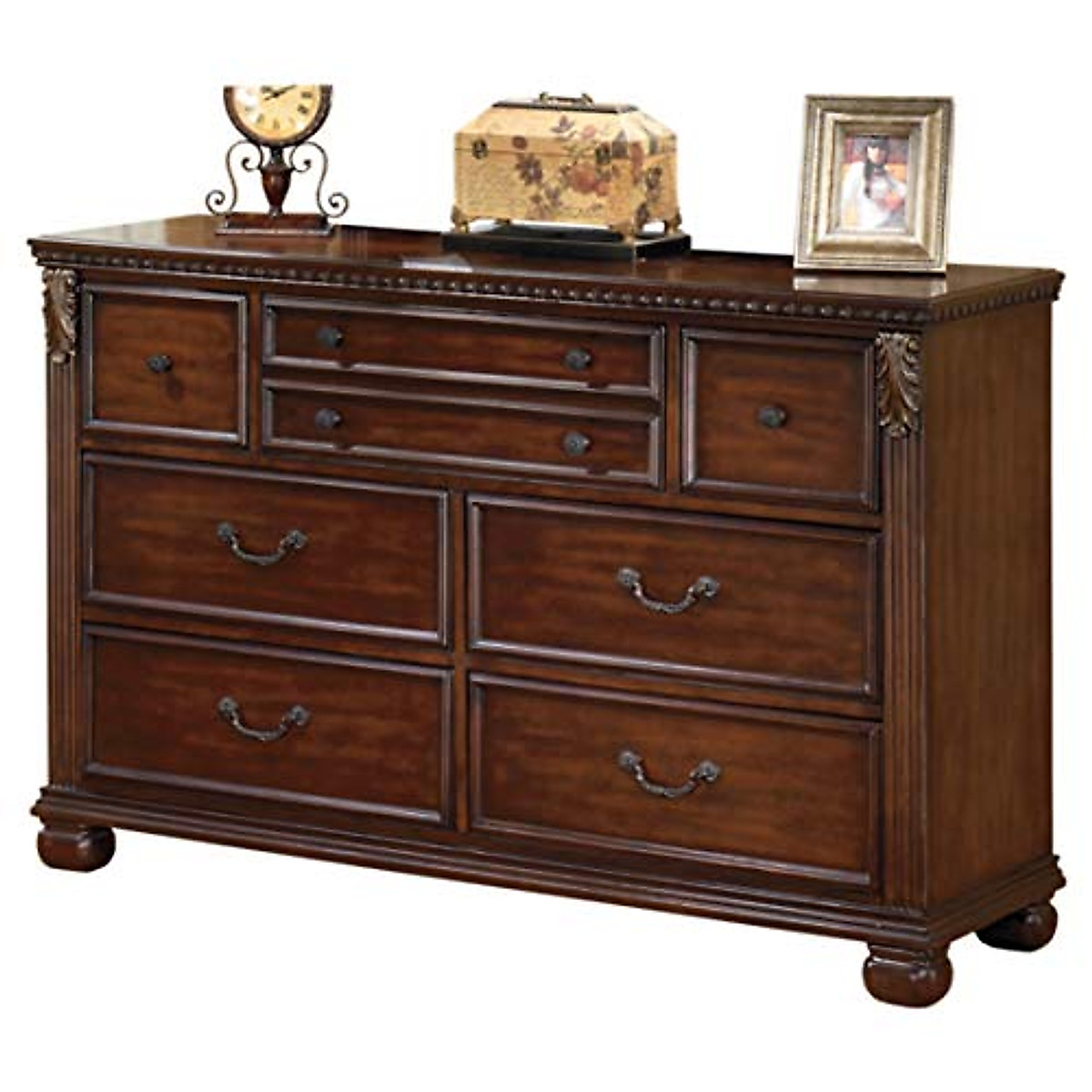 Signature Design by Ashley Leahlyn Traditional Ornate 7 Drawer Dresser, Warm Brown & Leahlyn Traditional 2 Drawer Nightstand, Warm Brown
