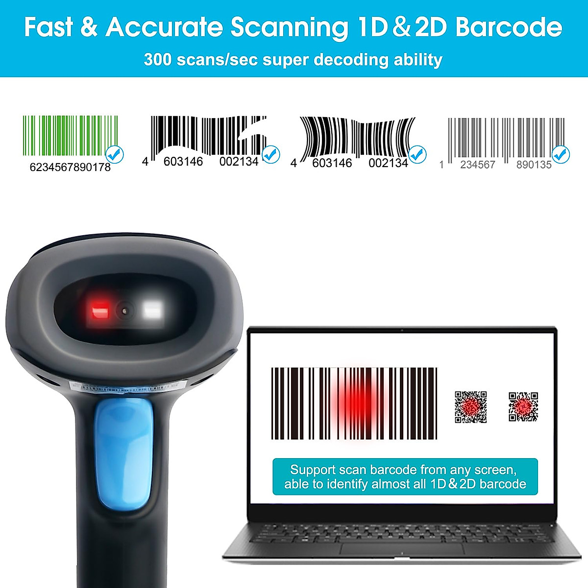 Sumicor Bluetooth Wireless Barcode Scanner with Stand, Handfrees Automatic Scanning & Manual Trigger Hand Barcode Scanner Gun, 1D 2D QR Code DM Scanner Work with Smart Phone, Tablet, PC