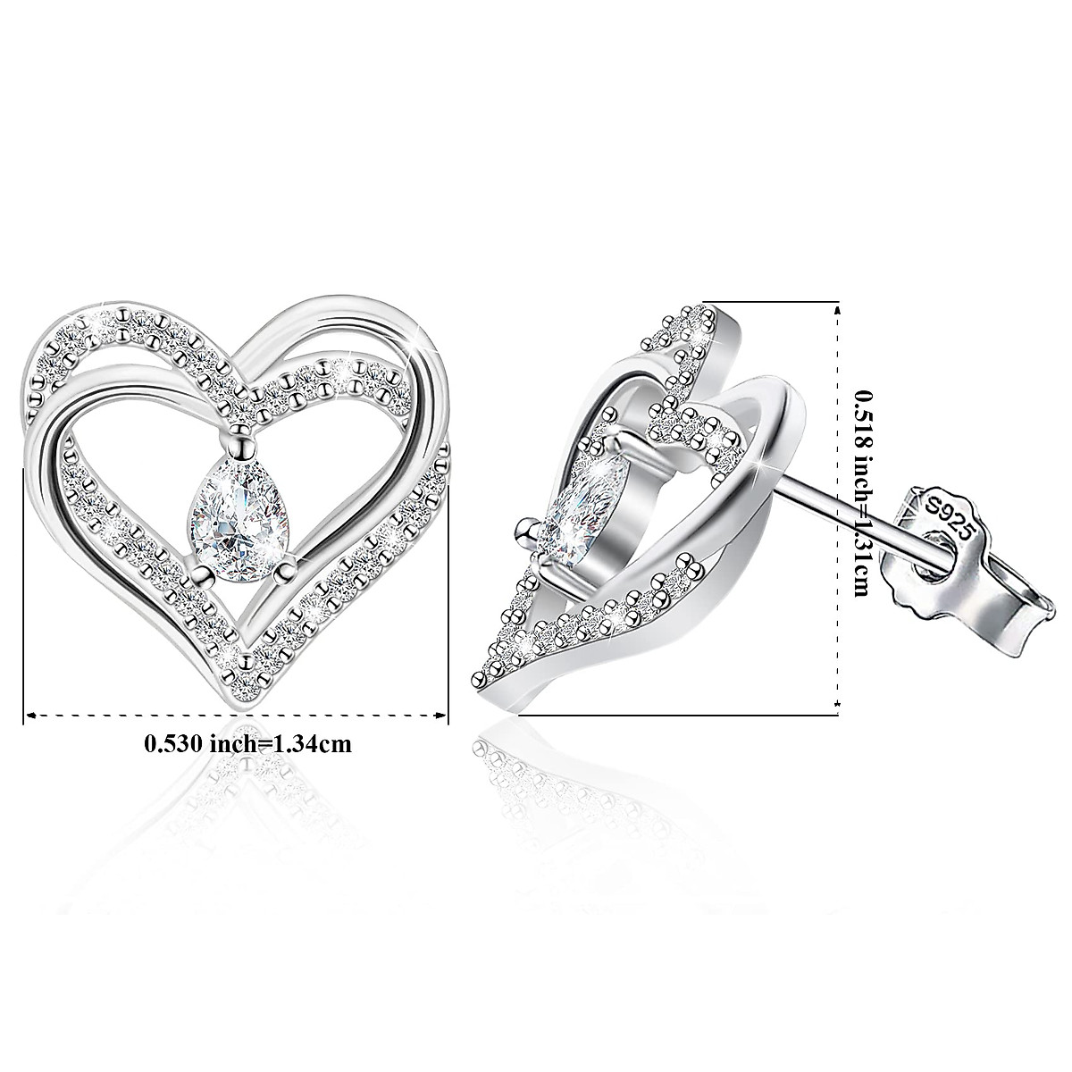 Heart Stud Earrings for Women - Sterlings Silver Hypoallergenic Cubic Zirconia Double Heart Shaped Earrings Gift for Mom Her Wife Lady,White
