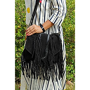 AryanExports Women Hippie Fringe Bags Fashion Bohemian Black Tassel Cross Body Bag Vintage Boho Bags