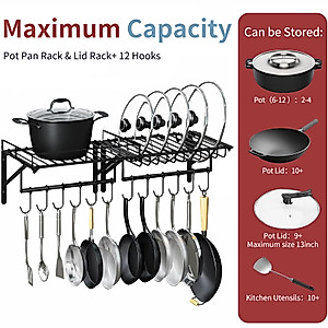 Clothink 2 Packs Wall Mounted Hanging Pots and Pans Organizer Rack with 12 Hooks,For Storage Pans,Pot Lids, Cooking Utensils, Plants and Toiletries in the Kitchen,Balcony or Bathroom