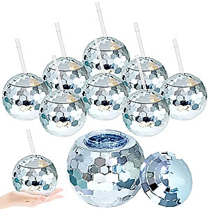 Breroa 8 Pieces 70s Disco Flash Ball Drinks Cups with Lid and Straw 20 Ounce Disco Party Cups 1970s Mirror Disco Cocktail Cups Sparkly Glitter Disco Bar Party Supplies, Silver