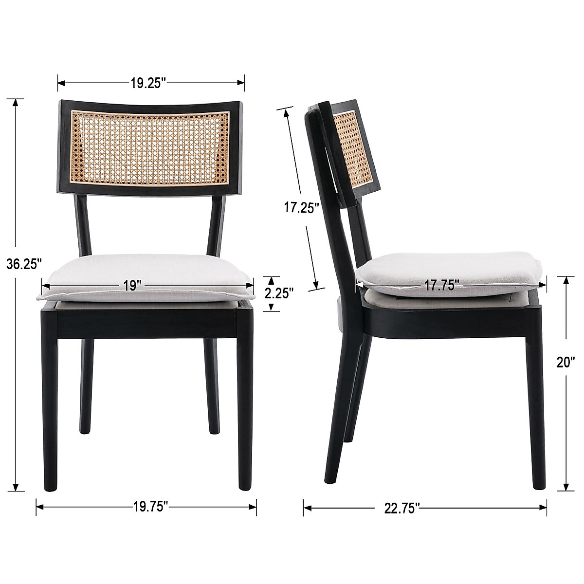 Guyou Black Rattan Dining Chairs Set of 4, Linen Upholstered Farmhouse Dining Chairs with Cane Back, Wood Kitchen Dining Chairs with Removable Cushion, Armless Cane Dining Chair for Dinner Living Room