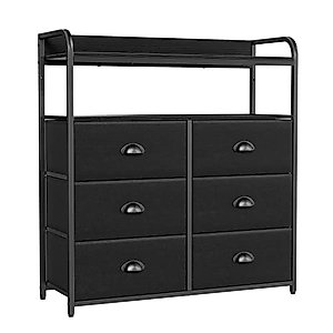 Furologee 6 Drawer Dresser Fabric, Double Shelf Black Closet Organizer Storage Tower Unit for Bedroom, Living Room Entryway, Rustic Bins, Sturdy Metal Frame
