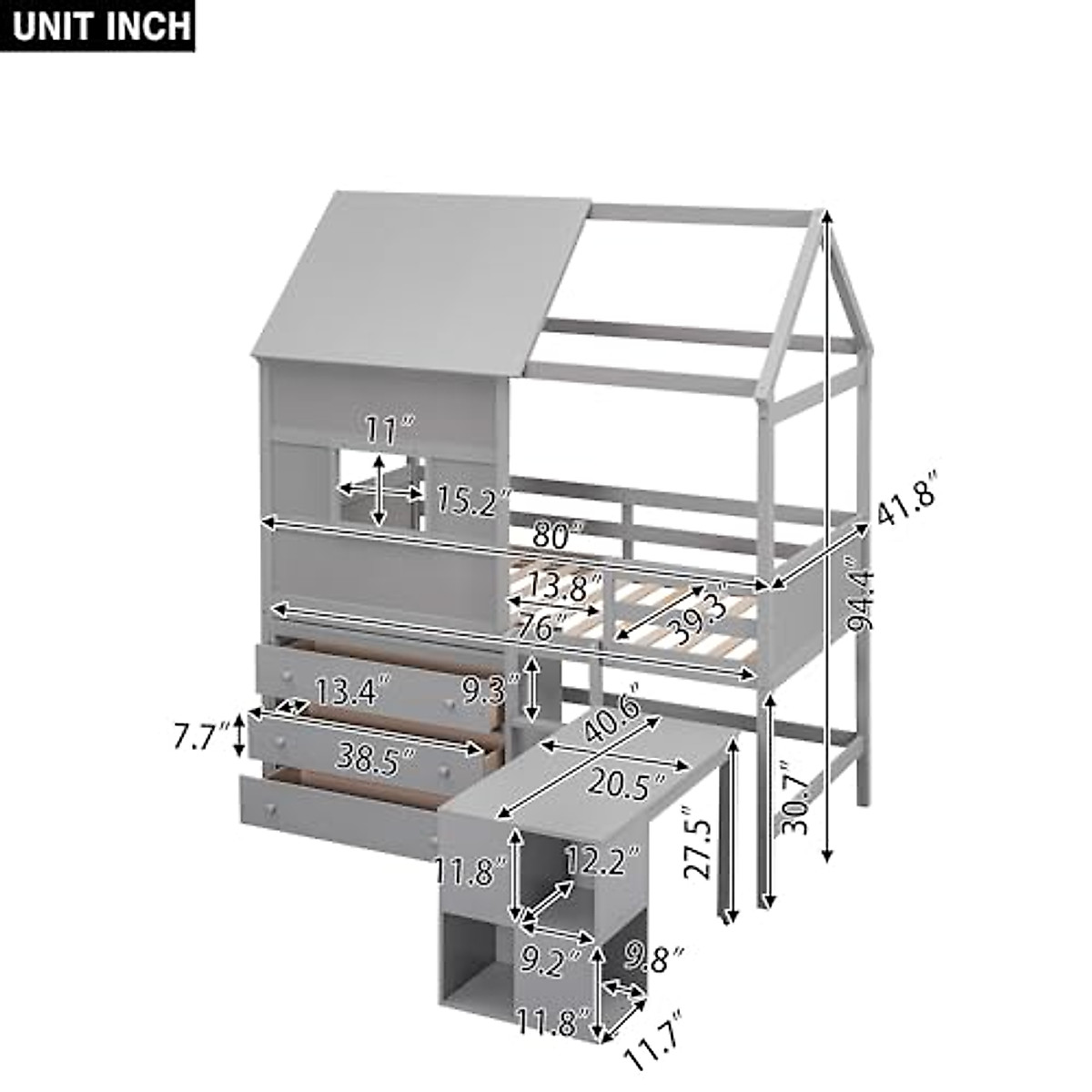 Twin Size House Loft Bed with Storage Desk and 3 Drawer Chest, Wood Loft Bed with Safety Guard Rails, Multi-Functional Loft Bed for Kids Boys Girls Teens Bedroom, Maximize Space Savings (Gray 014)