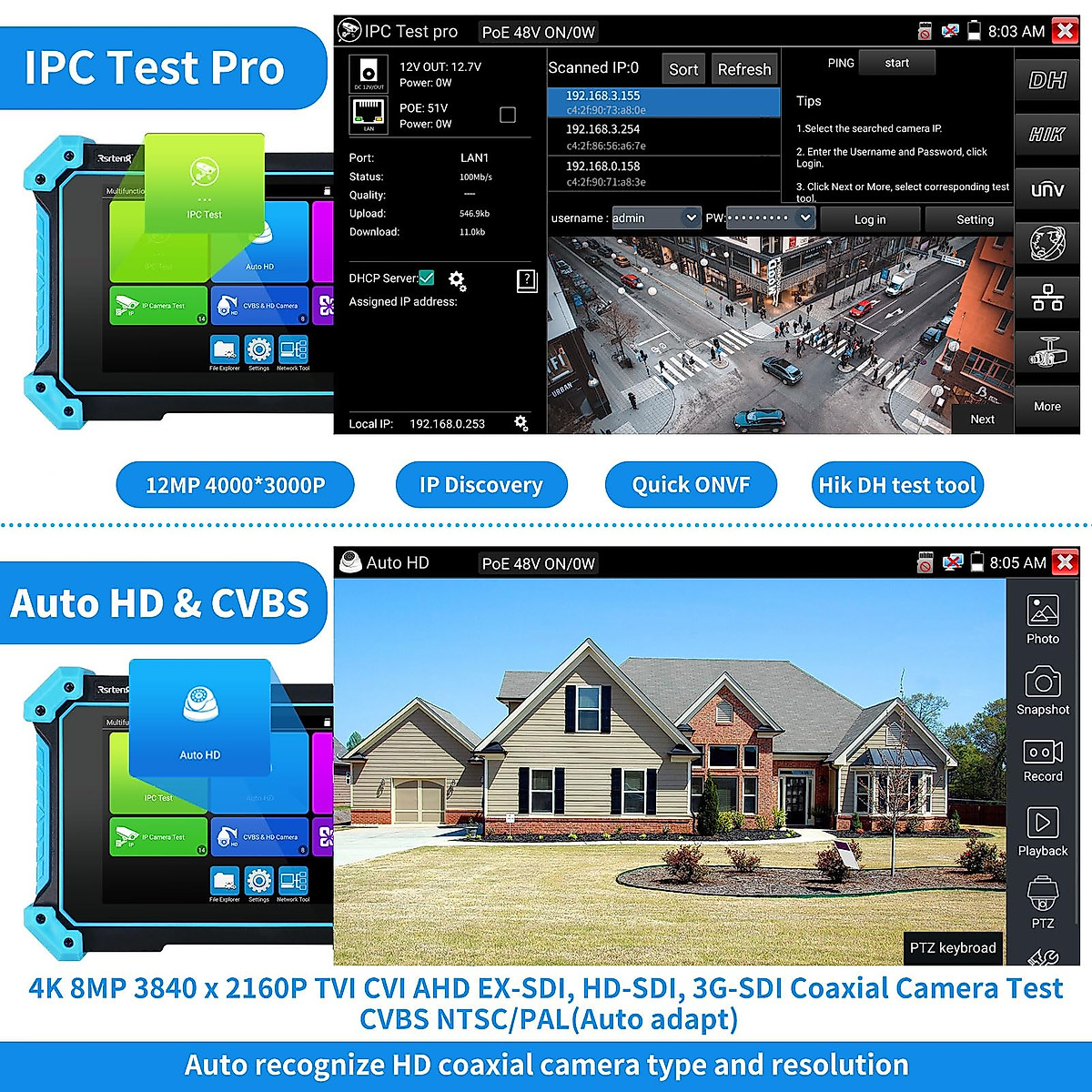 Rsrteng IP Camera Tester, IPC-5200 Plus 8MP AHD CVI TVI SDI CVBS IP Camera Test 4K HD Display Video Monitor 5inch IPS Touch Screen IPC Tester Support POE PTZ RS485 HDMI & VGA Input DC12V Output