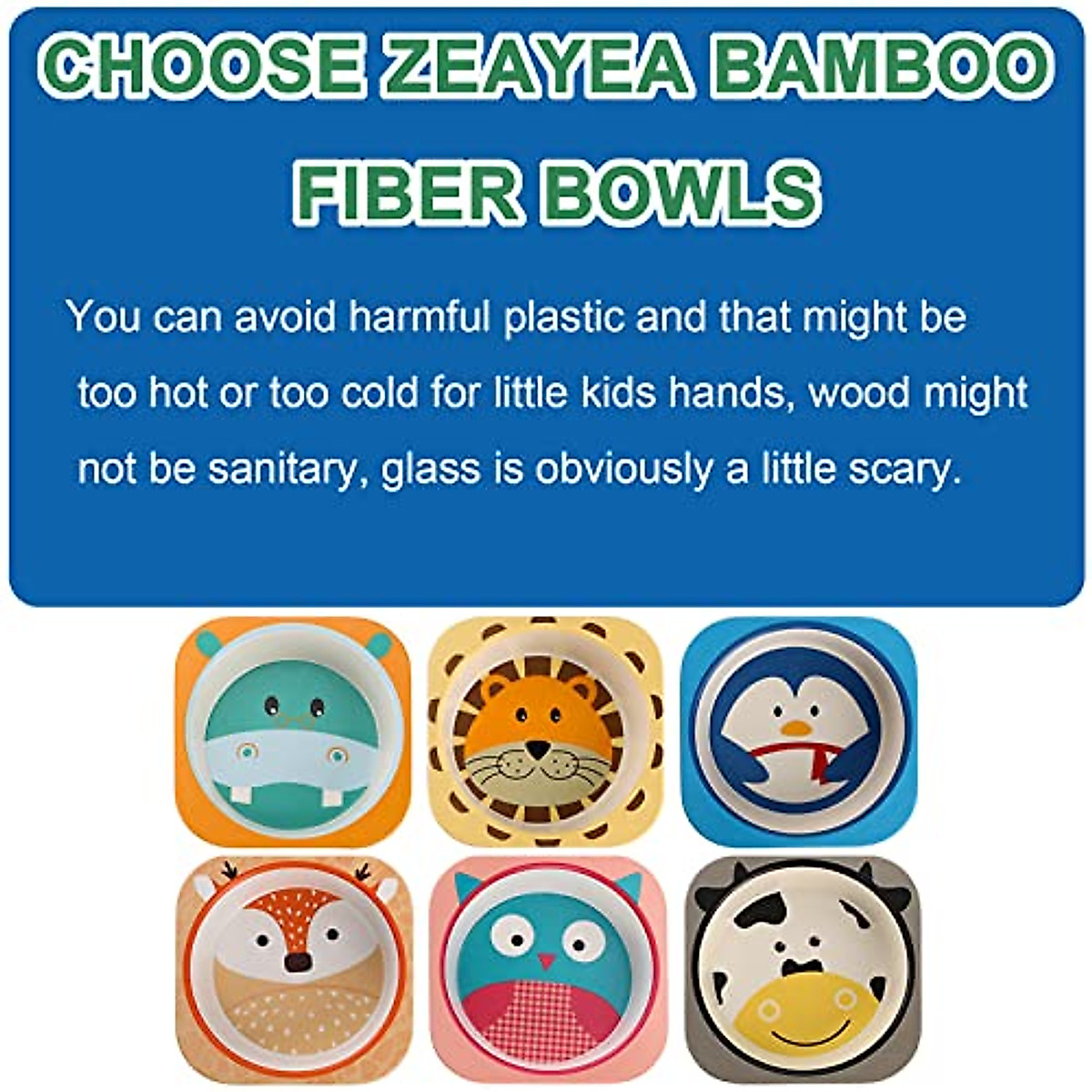 ZEAYEA 6 Pack Bamboo Kids Bowls, 10 Oz Durable Cartoon Bowls for Children, BPA Free Cute Snacks Bowls, Square Dinner Tableware for Serving Soup, Cereal, Pasta, Ice Cream, Dishwasher Safe