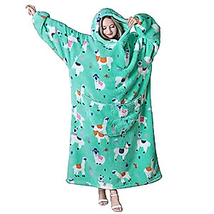 Queenshin Alpaca Oversized Hoodie Wearable Blanket Sweatshirt for Women, Warm Comfy Flannel Blanket Sherpa Lined Body Blanket, One Size for All